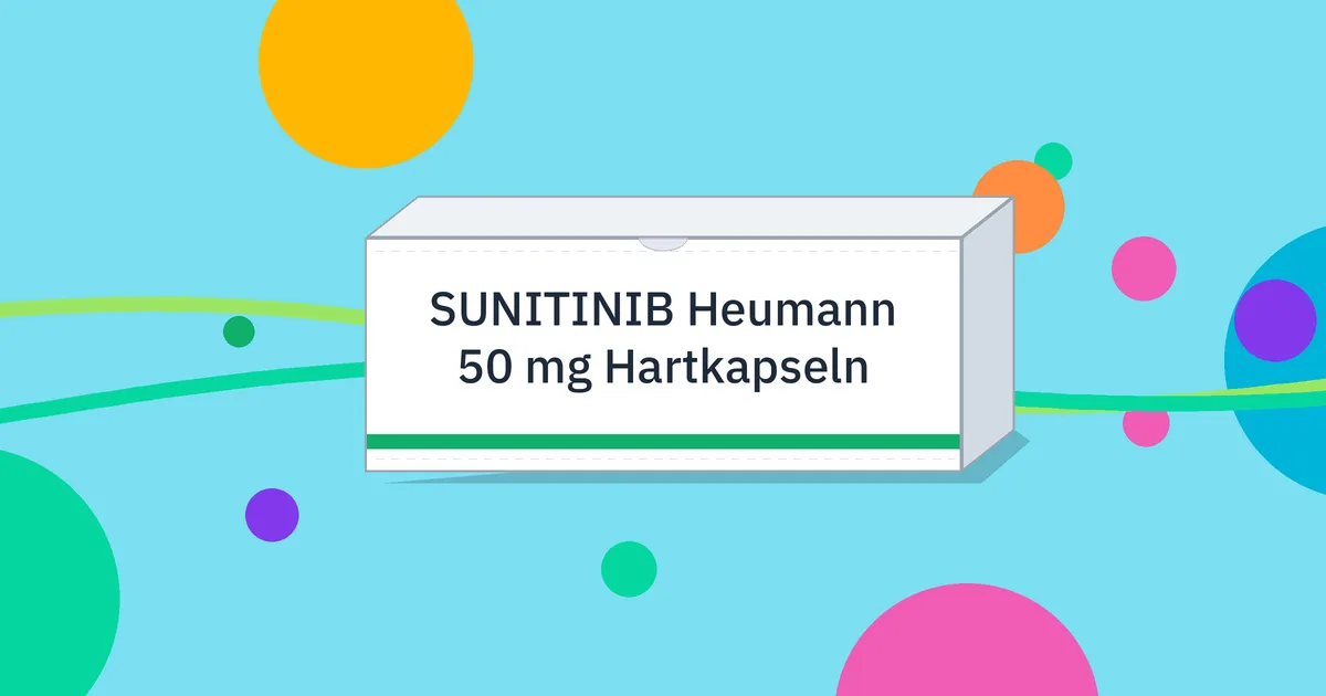 Symbolbild: Packung mit der Aufschrift SUNITINIB Heumann 50 mg Hartkapseln (PZN 17858715) – Verfügbarkeit und Bezug in Apotheken in Frankfurt am Main