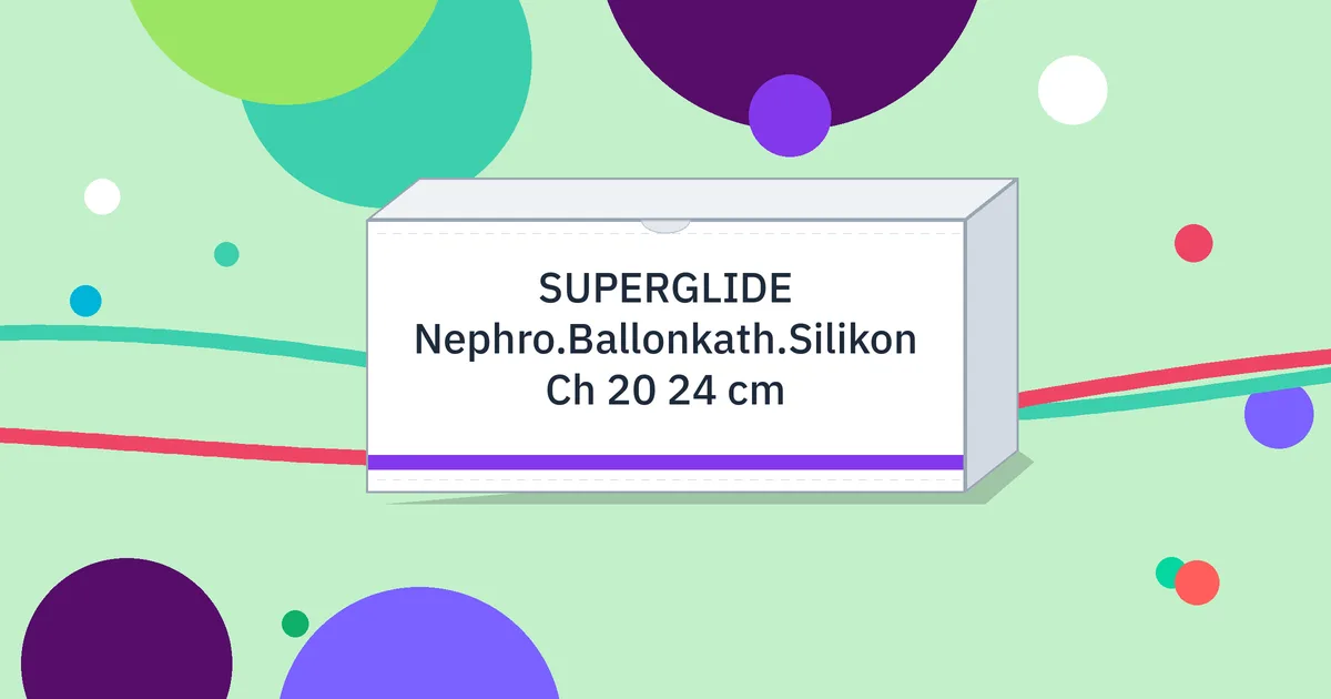 Symbolbild: Packung mit der Aufschrift SUPERGLIDE Nephro.Ballonkath.Silikon Ch 20 24 cm (PZN 05034506) – Verfügbarkeit und Bezug in Apotheken in Frankfurt am Main