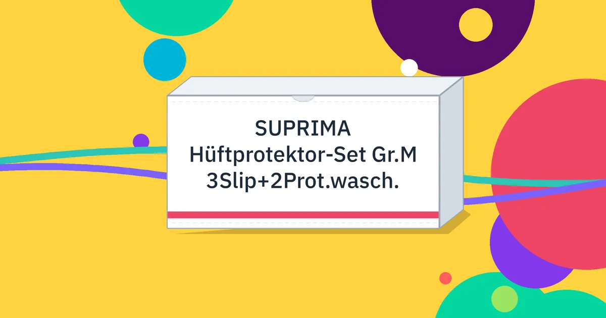 Symbolbild: Packung mit der Aufschrift SUPRIMA Hüftprotektor-Set Gr.M 3Slip+2Prot.wasch. (PZN 09784196) – Verfügbarkeit und Bezug in Apotheken in Frankfurt am Main