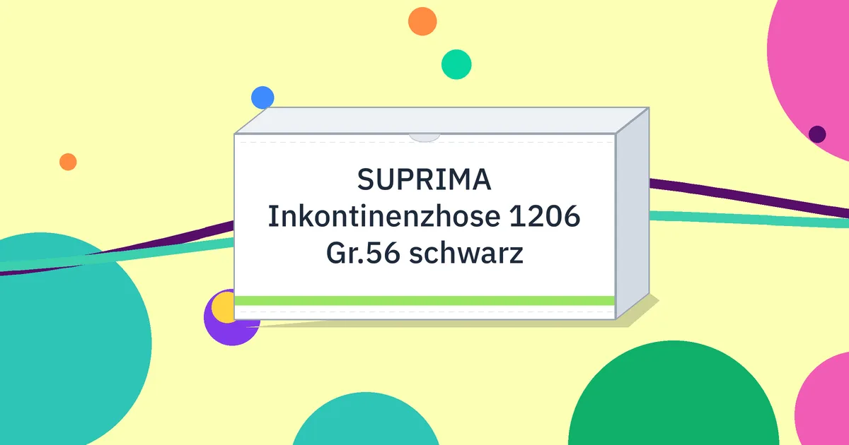 Symbolbild: Packung mit der Aufschrift SUPRIMA Inkontinenzhose 1206 Gr.56 schwarz (PZN 01514273) – Verfügbarkeit und Bezug in Apotheken in Frankfurt am Main