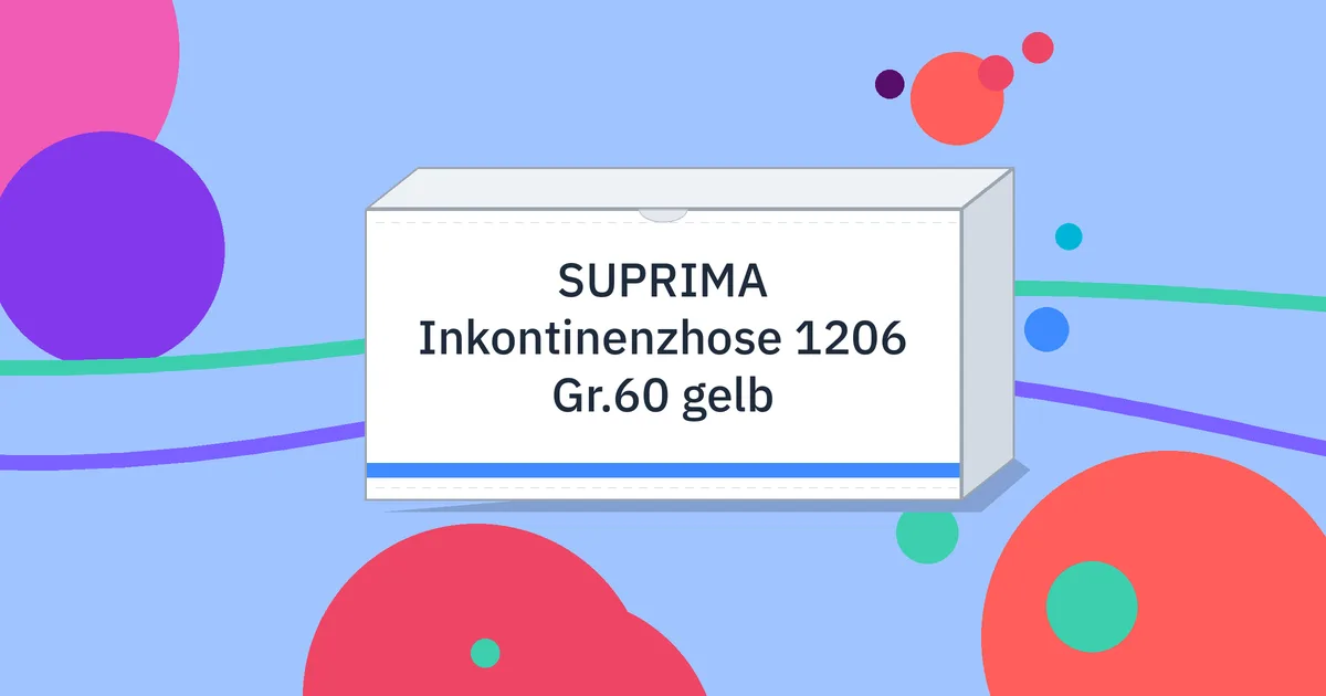 Symbolbild: Packung mit der Aufschrift SUPRIMA Inkontinenzhose 1206 Gr.60 gelb (PZN 01515019) – Verfügbarkeit und Bezug in Apotheken in Frankfurt am Main