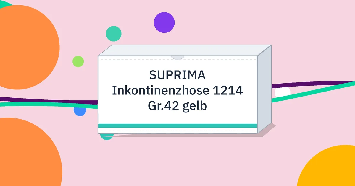 Symbolbild: Packung mit der Aufschrift SUPRIMA Inkontinenzhose 1214 Gr.42 gelb (PZN 02852109) – Verfügbarkeit und Bezug in Apotheken in Frankfurt am Main