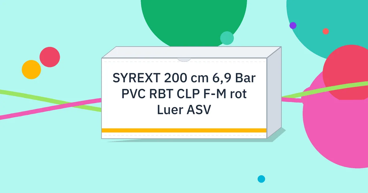 Symbolbild: Packung mit der Aufschrift SYREXT 200 cm 6,9 Bar PVC RBT CLP F-M rot Luer ASV (PZN 17898815) – Verfügbarkeit und Bezug in Apotheken in Frankfurt am Main