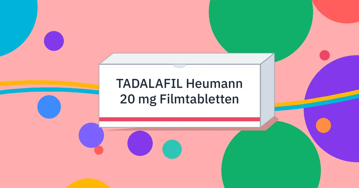 Symbolbild: Packung mit der Aufschrift TADALAFIL Heumann 20 mg Filmtabletten (PZN 12894385) – Verfügbarkeit und Bezug in Apotheken in Frankfurt am Main