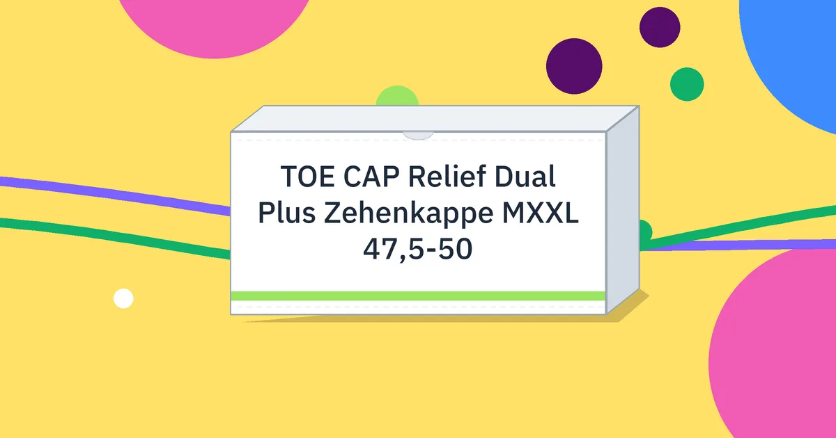 Symbolbild: Packung mit der Aufschrift TOE CAP Relief Dual Plus Zehenkappe MXXL 47,5-50 (PZN 19147266) – Verfügbarkeit und Bezug in Apotheken in Frankfurt am Main