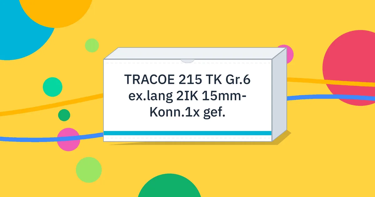 Symbolbild: Packung mit der Aufschrift TRACOE 215 TK Gr.6 ex.lang 2IK 15mm-Konn.1x gef. (PZN 11643600) – Verfügbarkeit und Bezug in Apotheken in Frankfurt am Main