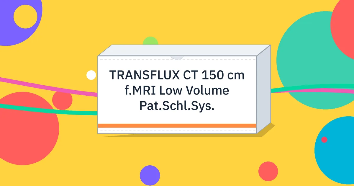 Symbolbild: Packung mit der Aufschrift TRANSFLUX CT 150 cm f.MRI Low Volume Pat.Schl.Sys. (PZN 13897983) – Verfügbarkeit und Bezug in Apotheken in Frankfurt am Main
