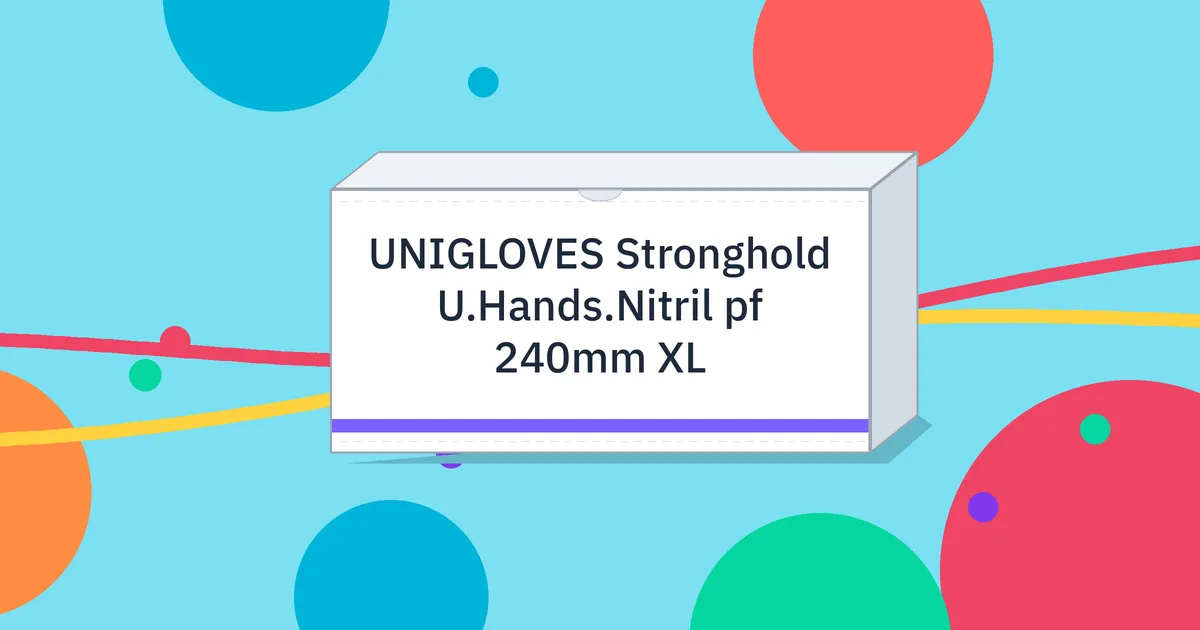 Symbolbild: Packung mit der Aufschrift UNIGLOVES Stronghold U.Hands.Nitril pf 240mm XL (PZN 20079038) – Verfügbarkeit und Bezug in Apotheken in Frankfurt am Main