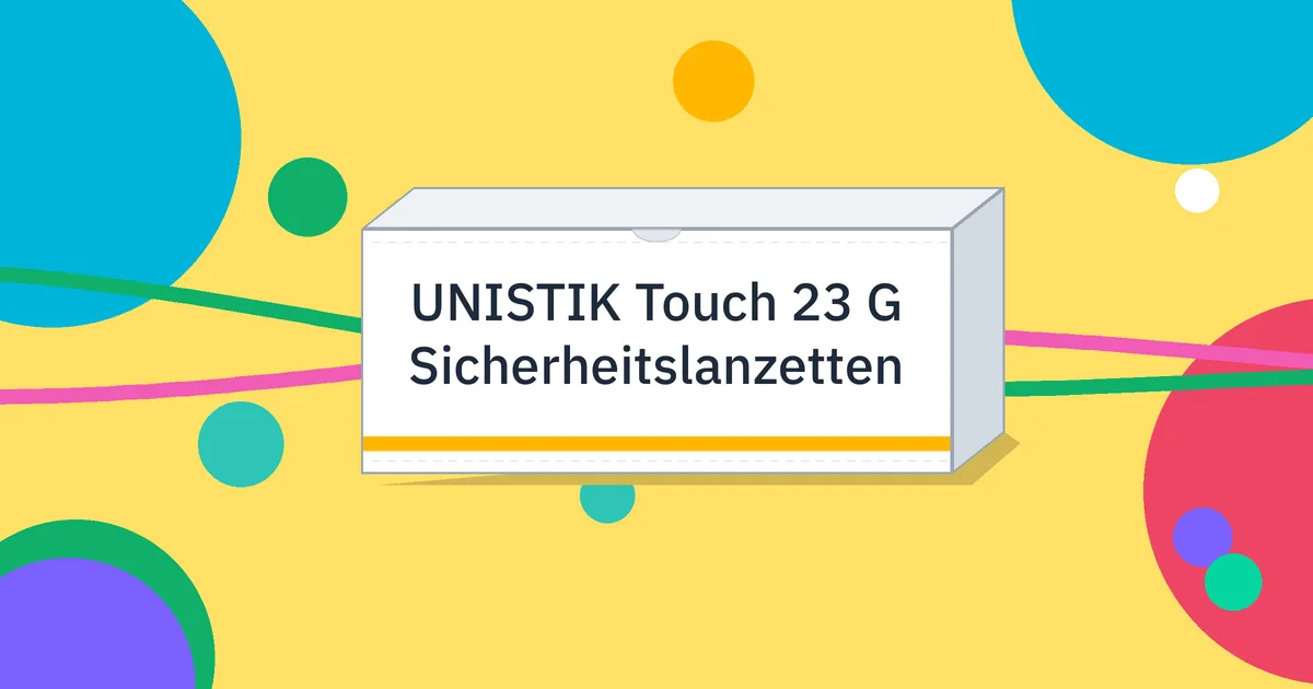 Symbolbild: Packung mit der Aufschrift UNISTIK Touch 23 G Sicherheitslanzetten (PZN 12482116) – Verfügbarkeit und Bezug in Apotheken in Frankfurt am Main