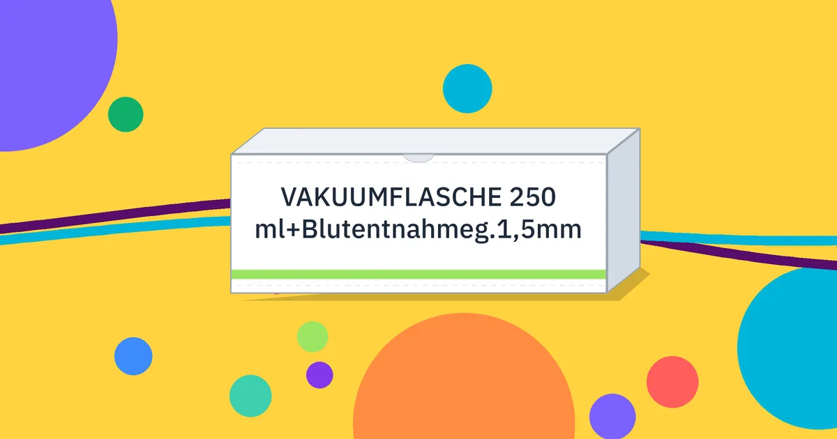 Symbolbild: Packung mit der Aufschrift VAKUUMFLASCHE 250 ml+Blutentnahmeg.1,5mm (PZN 06110304) – Verfügbarkeit und Bezug in Apotheken in Frankfurt am Main