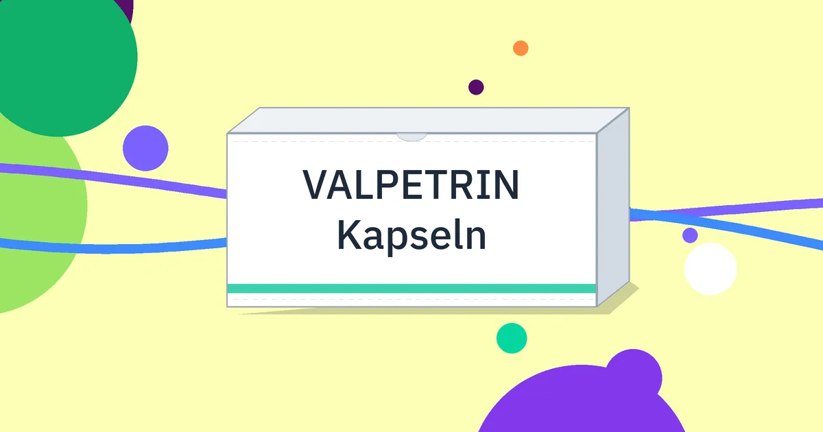 Symbolbild: Packung mit der Aufschrift VALPETRIN Kapseln (PZN 17583052) – Verfügbarkeit und Bezug in Apotheken in Frankfurt am Main