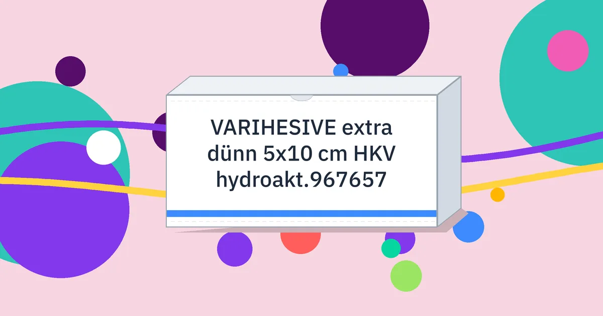 Symbolbild: Packung mit der Aufschrift VARIHESIVE extra dünn 5x10 cm HKV hydroakt.967657 (PZN 10019101) – Verfügbarkeit und Bezug in Apotheken in Frankfurt am Main