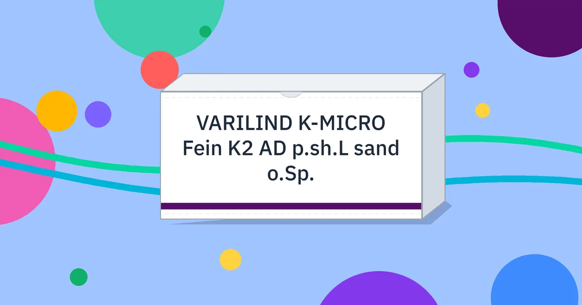 Symbolbild: Packung mit der Aufschrift VARILIND K-MICRO Fein K2 AD p.sh.L sand o.Sp. (PZN 20619233) – Verfügbarkeit und Bezug in Apotheken in Frankfurt am Main