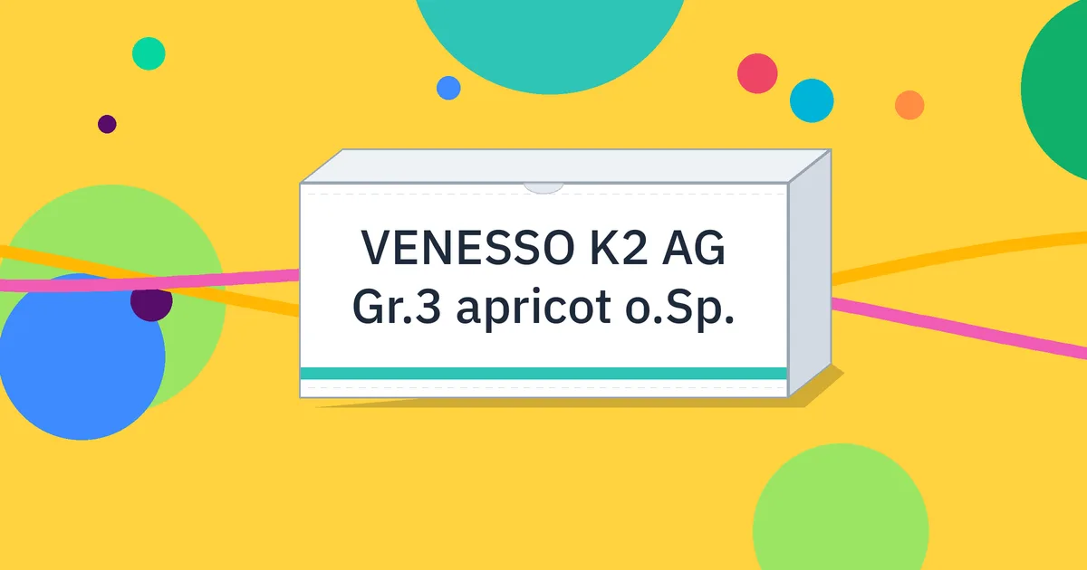Symbolbild: Packung mit der Aufschrift VENESSO K2 AG Gr.3 apricot o.Sp. (PZN 03279528) – Verfügbarkeit und Bezug in Apotheken in Frankfurt am Main