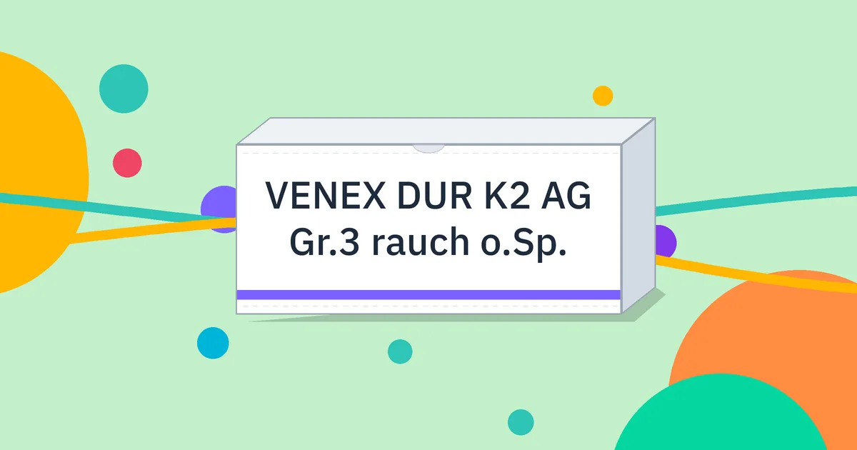 Symbolbild: Packung mit der Aufschrift VENEX DUR K2 AG Gr.3 rauch o.Sp. (PZN 03216048) – Verfügbarkeit und Bezug in Apotheken in Frankfurt am Main