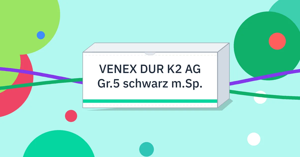 Symbolbild: Packung mit der Aufschrift VENEX DUR K2 AG Gr.5 schwarz m.Sp. (PZN 03214078) – Verfügbarkeit und Bezug in Apotheken in Frankfurt am Main