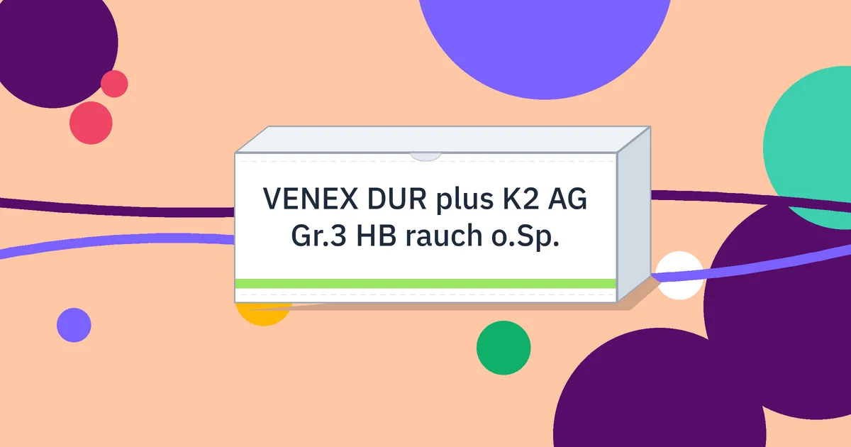 Symbolbild: Packung mit der Aufschrift VENEX DUR plus K2 AG Gr.3 HB rauch o.Sp. (PZN 03236789) – Verfügbarkeit und Bezug in Apotheken in Frankfurt am Main