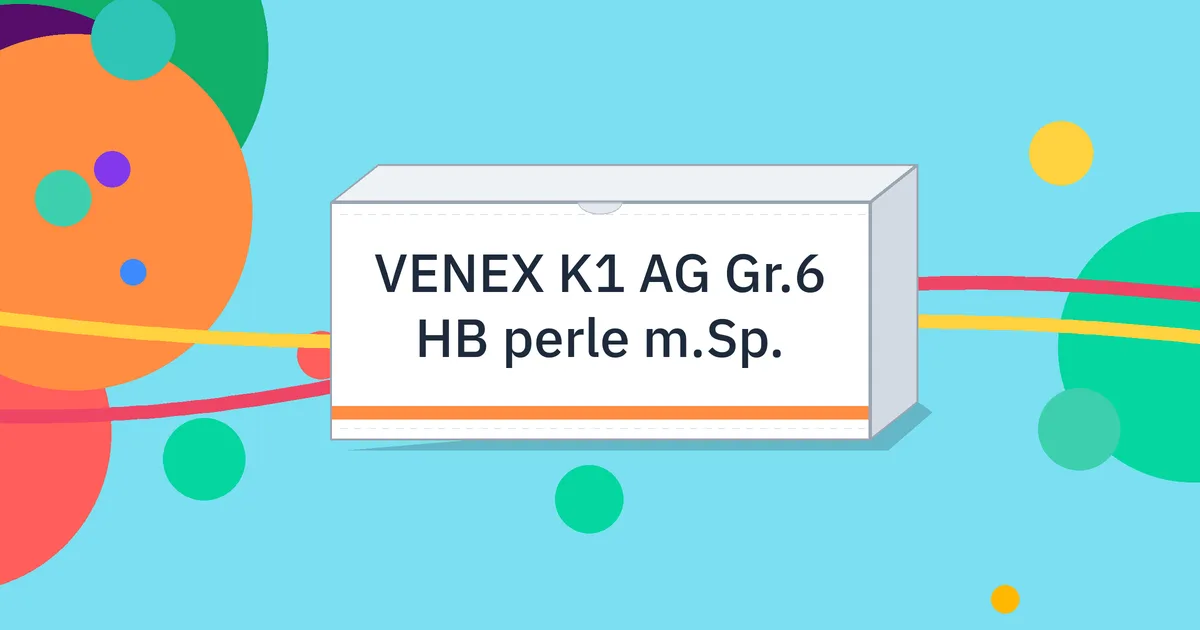 Symbolbild: Packung mit der Aufschrift VENEX K1 AG Gr.6 HB perle m.Sp. (PZN 03191176) – Verfügbarkeit und Bezug in Apotheken in Frankfurt am Main