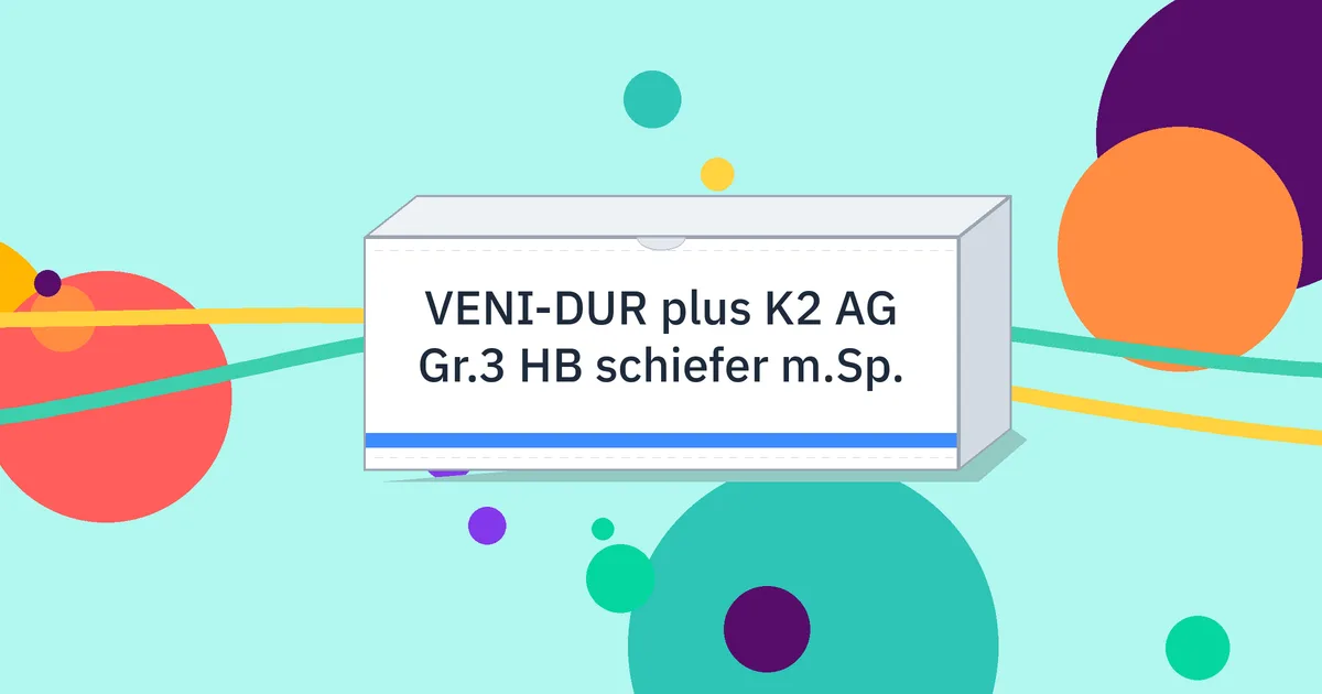 Symbolbild: Packung mit der Aufschrift VENI-DUR plus K2 AG Gr.3 HB schiefer m.Sp. (PZN 03254988) – Verfügbarkeit und Bezug in Apotheken in Frankfurt am Main