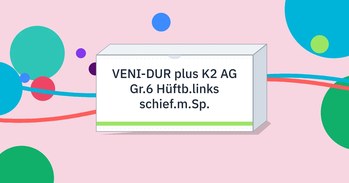 Symbolbild: Packung mit der Aufschrift VENI-DUR plus K2 AG Gr.6 Hüftb.links schief.m.Sp. (PZN 03256728) – Verfügbarkeit und Bezug in Apotheken in Frankfurt am Main