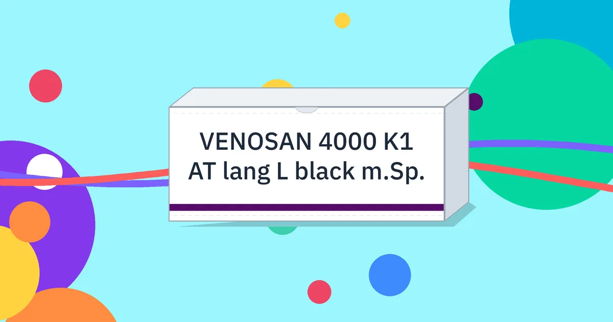Symbolbild: Packung mit der Aufschrift VENOSAN 4000 K1 AT lang L black m.Sp. (PZN 14426694) – Verfügbarkeit und Bezug in Apotheken in Frankfurt am Main