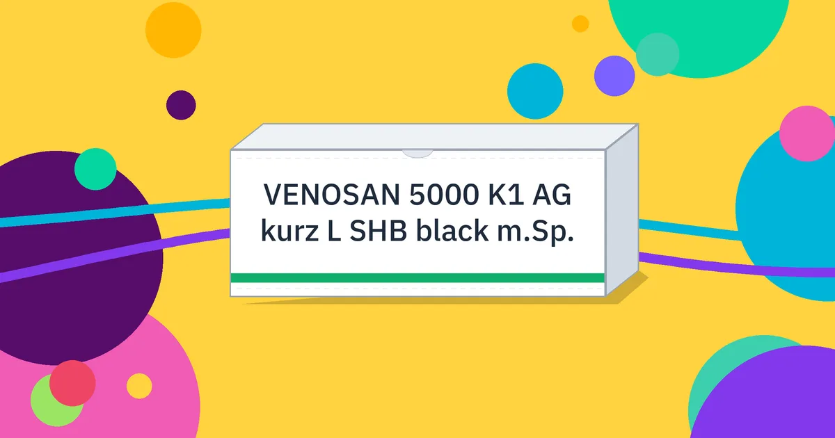 Symbolbild: Packung mit der Aufschrift VENOSAN 5000 K1 AG kurz L SHB black m.Sp. (PZN 14432967) – Verfügbarkeit und Bezug in Apotheken in Frankfurt am Main