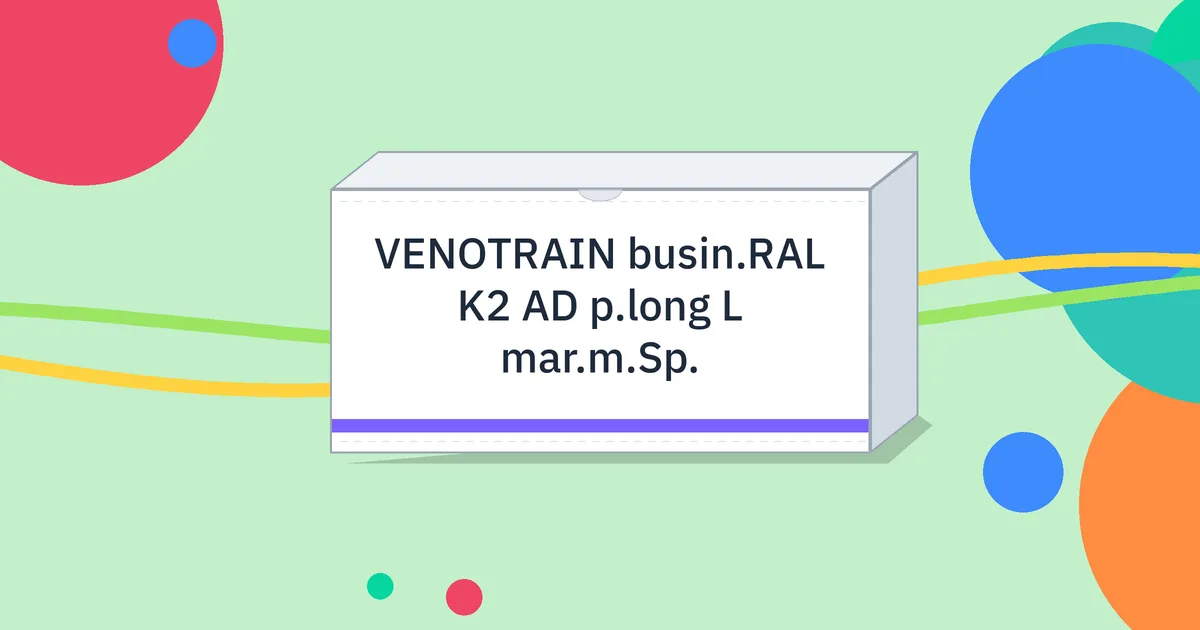 Symbolbild: Packung mit der Aufschrift VENOTRAIN busin.RAL K2 AD p.long L mar.m.Sp. (PZN 06949308) – Verfügbarkeit und Bezug in Apotheken in Frankfurt am Main