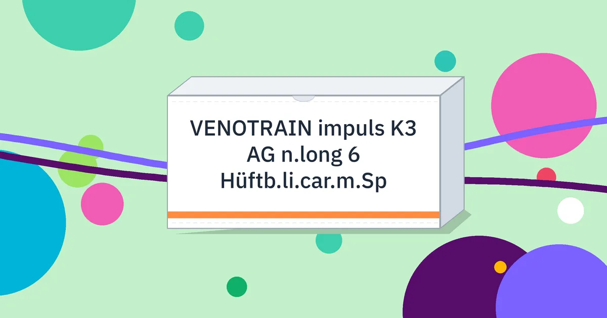 Symbolbild: Packung mit der Aufschrift VENOTRAIN impuls K3 AG n.long 6 Hüftb.li.car.m.Sp (PZN 10295367) – Verfügbarkeit und Bezug in Apotheken in Frankfurt am Main