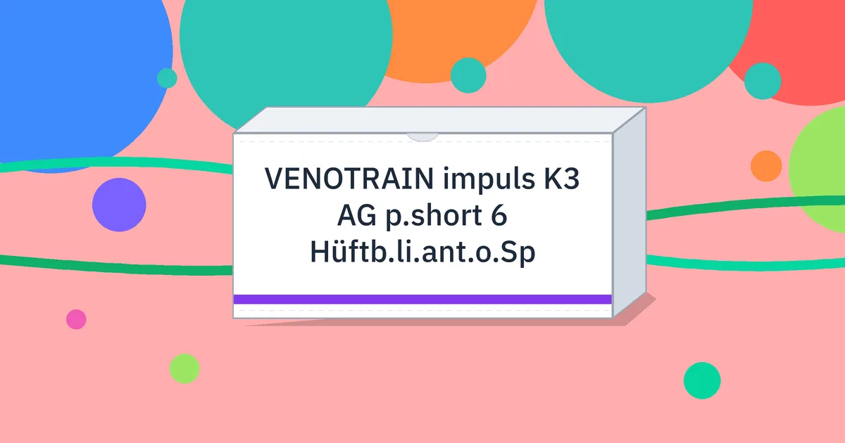 Symbolbild: Packung mit der Aufschrift VENOTRAIN impuls K3 AG p.short 6 Hüftb.li.ant.o.Sp (PZN 15220954) – Verfügbarkeit und Bezug in Apotheken in Frankfurt am Main