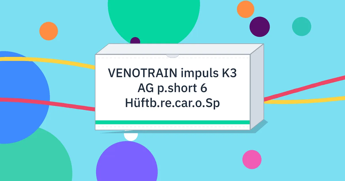 Symbolbild: Packung mit der Aufschrift VENOTRAIN impuls K3 AG p.short 6 Hüftb.re.car.o.Sp (PZN 08423444) – Verfügbarkeit und Bezug in Apotheken in Frankfurt am Main