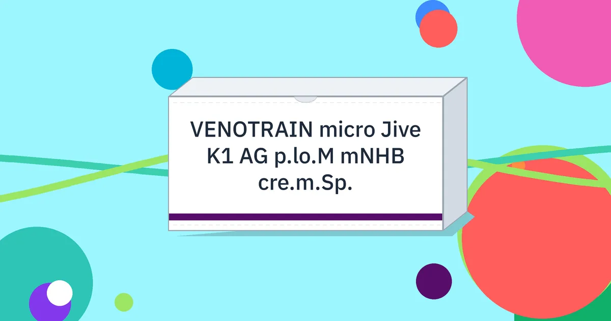 Symbolbild: Packung mit der Aufschrift VENOTRAIN micro Jive K1 AG p.lo.M mNHB cre.m.Sp. (PZN 17757960) – Verfügbarkeit und Bezug in Apotheken in Frankfurt am Main