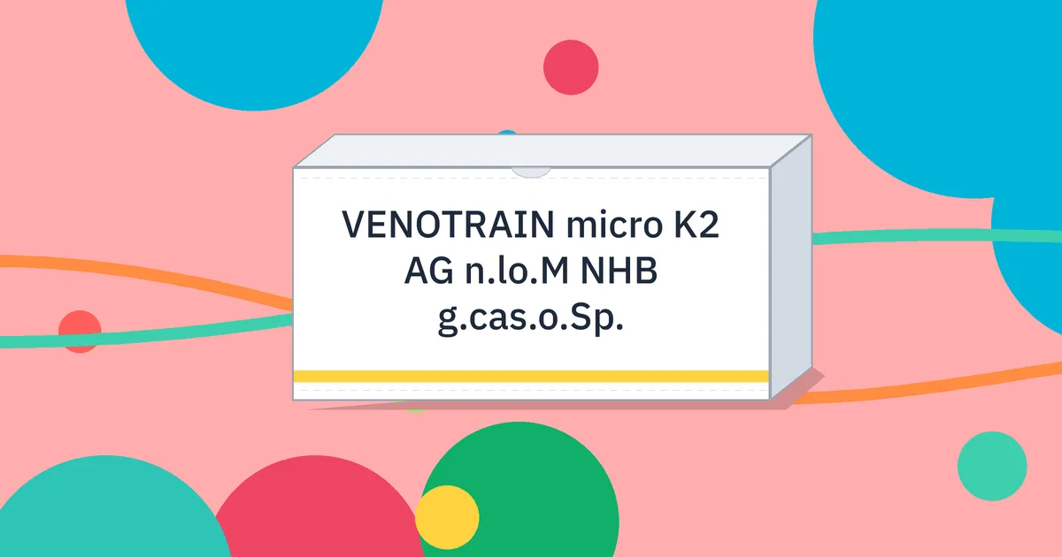 Symbolbild: Packung mit der Aufschrift VENOTRAIN micro K2 AG n.lo.M NHB g.cas.o.Sp. (PZN 20759448) – Verfügbarkeit und Bezug in Apotheken in Frankfurt am Main
