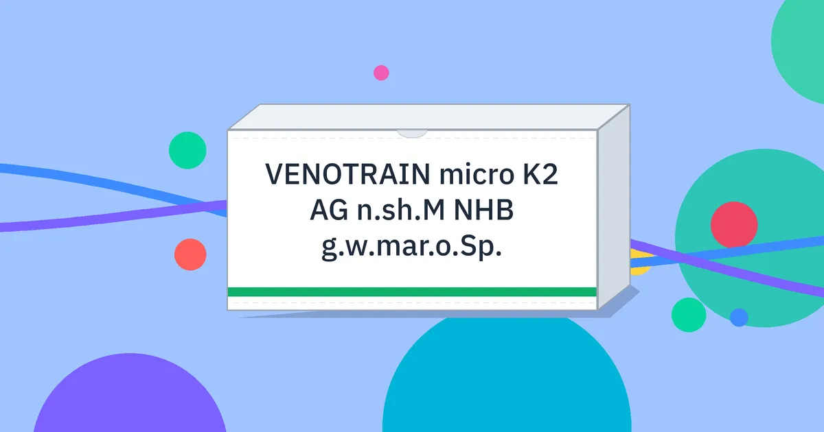 Symbolbild: Packung mit der Aufschrift VENOTRAIN micro K2 AG n.sh.M NHB g.w.mar.o.Sp. (PZN 09035916) – Verfügbarkeit und Bezug in Apotheken in Frankfurt am Main