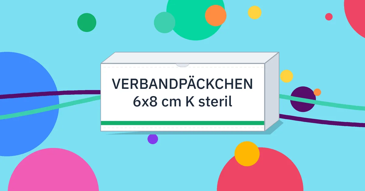 Symbolbild: Packung mit der Aufschrift VERBANDPÄCKCHEN 6x8 cm K steril (PZN 03160804) – Verfügbarkeit und Bezug in Apotheken in Frankfurt am Main
