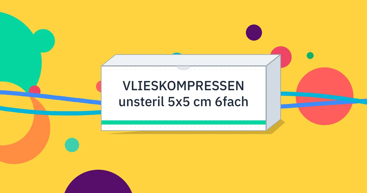 Symbolbild: Packung mit der Aufschrift VLIESKOMPRESSEN unsteril 5x5 cm 6fach (PZN 01330886) – Verfügbarkeit und Bezug in Apotheken in Frankfurt am Main