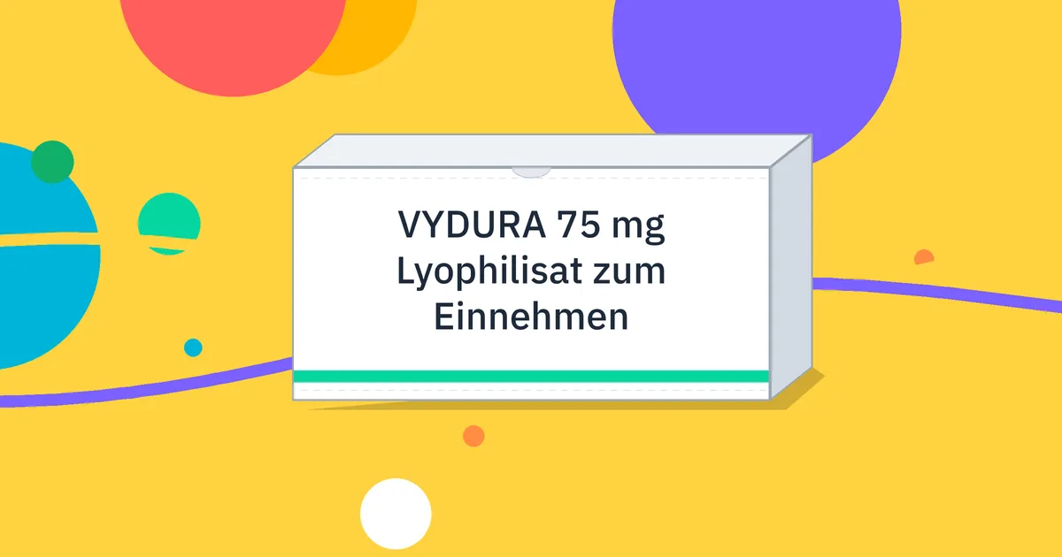 Symbolbild: Packung mit der Aufschrift VYDURA 75 mg Lyophilisat zum Einnehmen (PZN 19831330) – Verfügbarkeit und Bezug in Apotheken in Frankfurt am Main