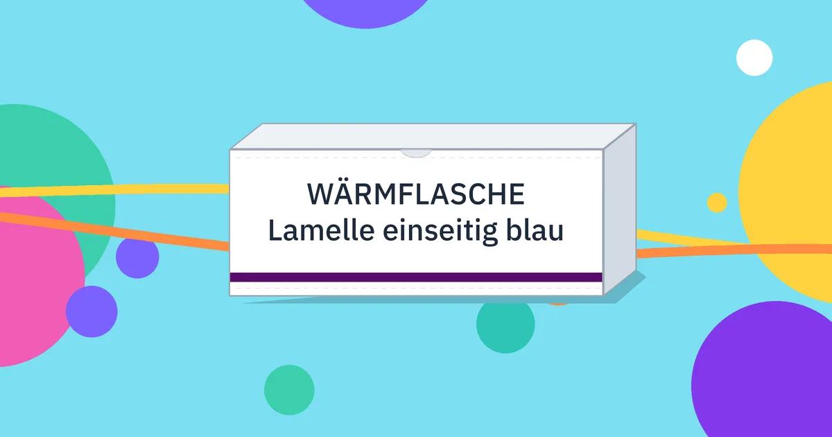 Symbolbild: Packung mit der Aufschrift WÄRMFLASCHE Lamelle einseitig blau (PZN 10077021) – Verfügbarkeit und Bezug in Apotheken in Frankfurt am Main