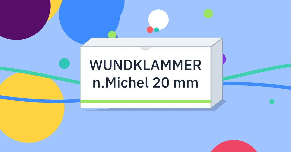Symbolbild: Packung mit der Aufschrift WUNDKLAMMER n.Michel 20 mm (PZN 01741164) – Verfügbarkeit und Bezug in Apotheken in Frankfurt am Main