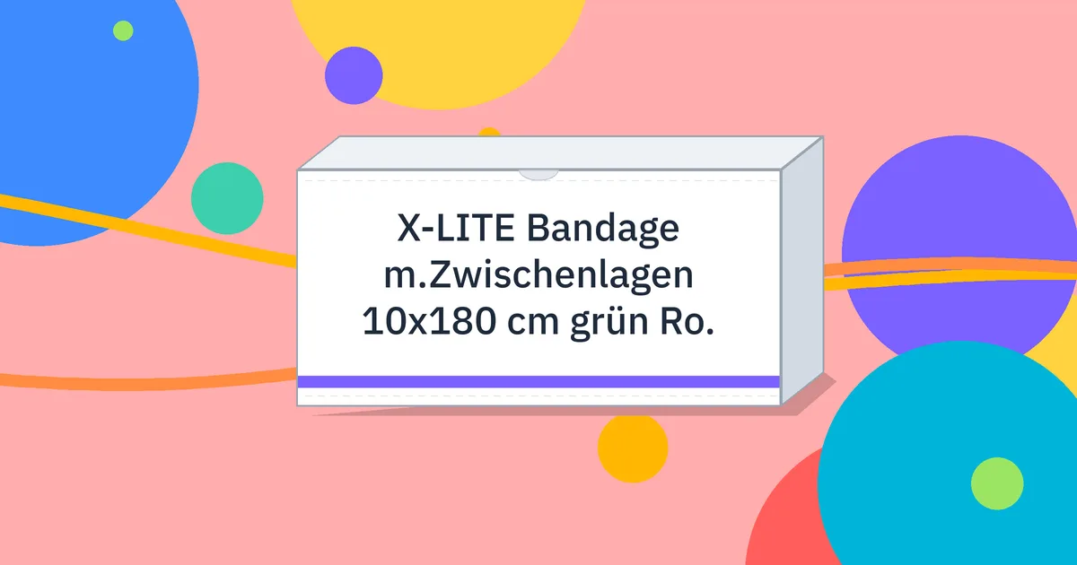 Symbolbild: Packung mit der Aufschrift X-LITE Bandage m.Zwischenlagen 10x180 cm grün Ro. (PZN 02467127) – Verfügbarkeit und Bezug in Apotheken in Frankfurt am Main