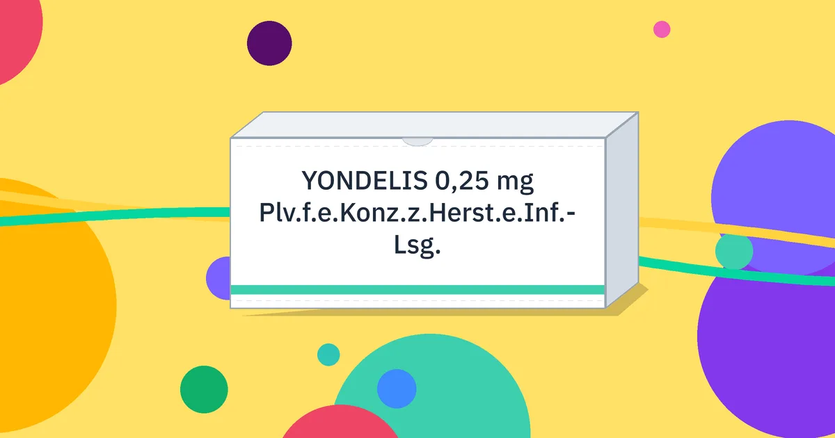 Symbolbild: Packung mit der Aufschrift YONDELIS 0,25 mg Plv.f.e.Konz.z.Herst.e.Inf.-Lsg. (PZN 05704993) – Verfügbarkeit und Bezug in Apotheken in Frankfurt am Main