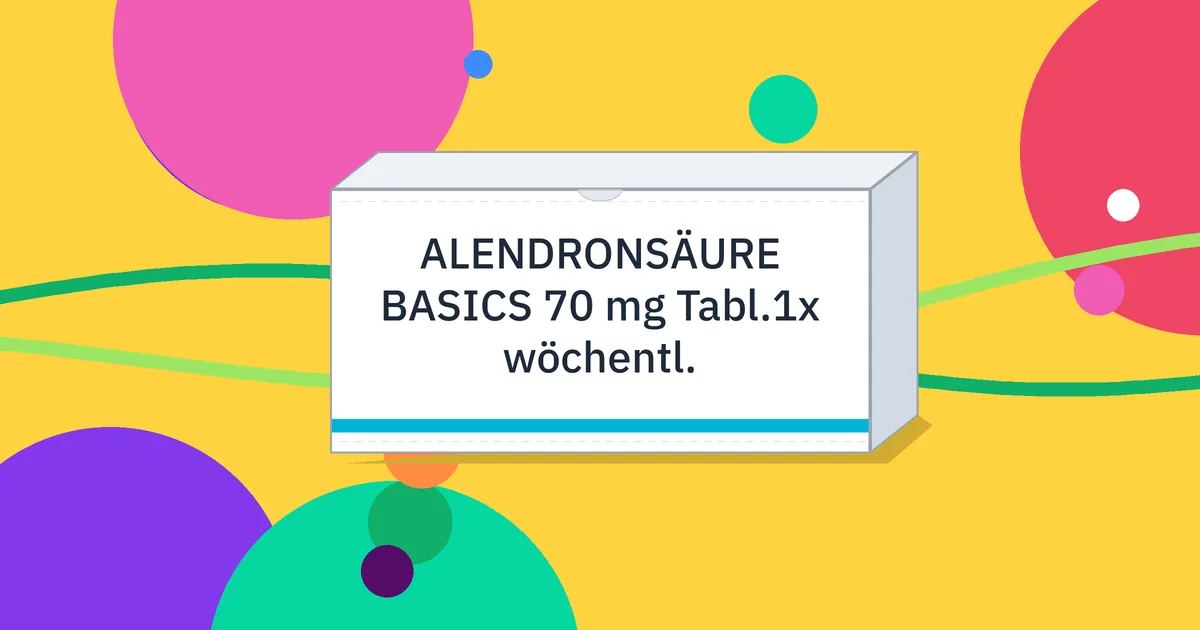 Symbolbild: Packung mit der Aufschrift ALENDRONSÄURE BASICS 70 mg Tabl.1x wöchentl. (PZN 00276570) – Verfügbarkeit und Bezug in Apotheken in Frankfurt am Main