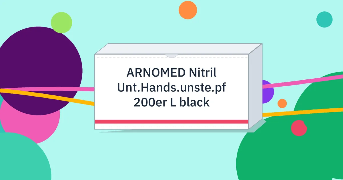 Symbolbild: Packung mit der Aufschrift ARNOMED Nitril Unt.Hands.unste.pf 200er L black (PZN 18253463) – Verfügbarkeit und Bezug in Apotheken in Frankfurt am Main