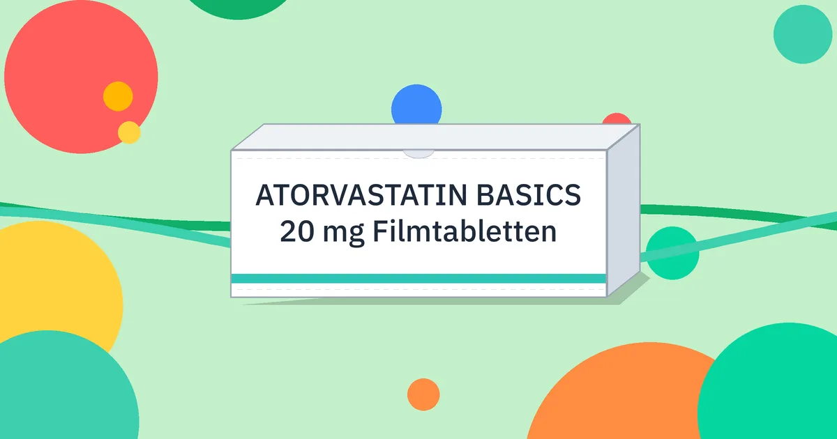 Symbolbild: Packung mit der Aufschrift ATORVASTATIN BASICS 20 mg Filmtabletten (PZN 00524246) – Verfügbarkeit und Bezug in Apotheken in Frankfurt am Main