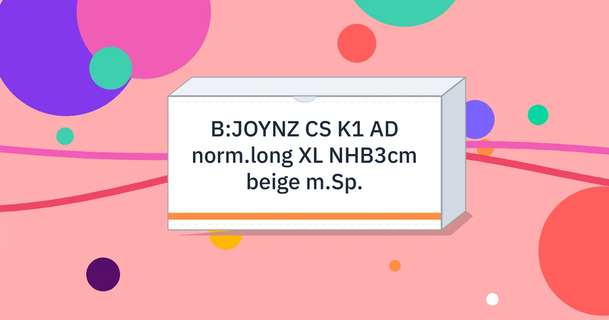 Symbolbild: Packung mit der Aufschrift B:JOYNZ CS K1 AD norm.long XL NHB3cm beige m.Sp. (PZN 20526253) – Verfügbarkeit und Bezug in Apotheken in Frankfurt am Main