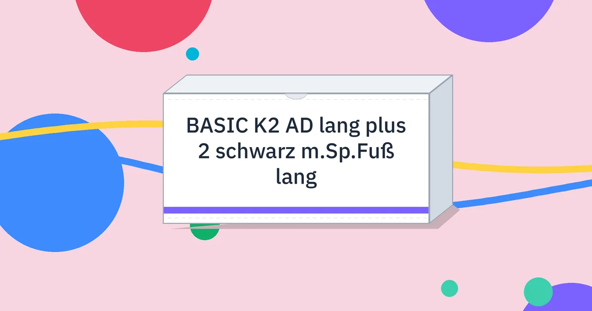Symbolbild: Packung mit der Aufschrift BASIC K2 AD lang plus 2 schwarz m.Sp.Fuß lang (PZN 20263919) – Verfügbarkeit und Bezug in Apotheken in Frankfurt am Main