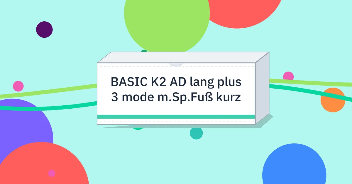 Symbolbild: Packung mit der Aufschrift BASIC K2 AD lang plus 3 mode m.Sp.Fuß kurz (PZN 20264646) – Verfügbarkeit und Bezug in Apotheken in Frankfurt am Main
