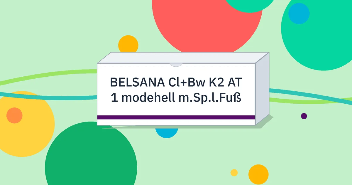Symbolbild: Packung mit der Aufschrift BELSANA Cl+Bw K2 AT 1 modehell m.Sp.l.Fuß (PZN 12249012) – Verfügbarkeit und Bezug in Apotheken in Frankfurt am Main