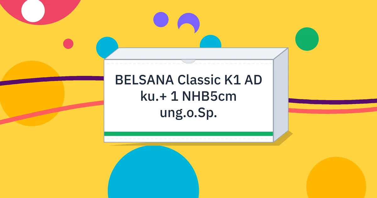 Symbolbild: Packung mit der Aufschrift BELSANA Classic K1 AD ku.+ 1 NHB5cm ung.o.Sp. (PZN 19254602) – Verfügbarkeit und Bezug in Apotheken in Frankfurt am Main