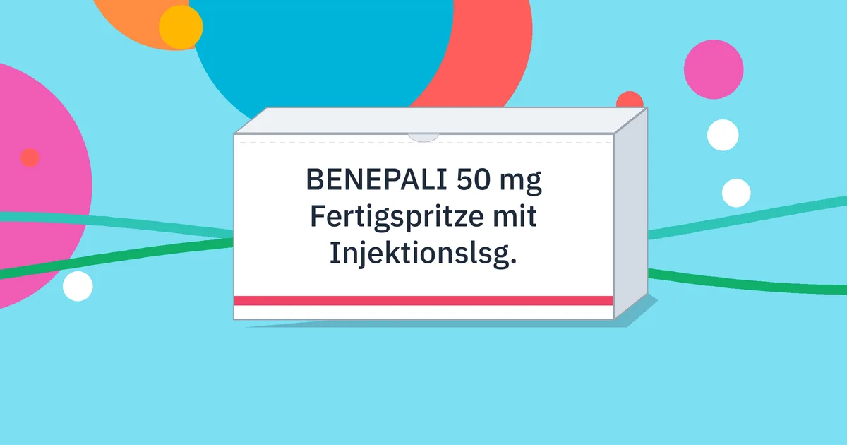 Symbolbild: Packung mit der Aufschrift BENEPALI 50 mg Fertigspritze mit Injektionslsg. (PZN 15329651) – Verfügbarkeit und Bezug in Apotheken in Frankfurt am Main