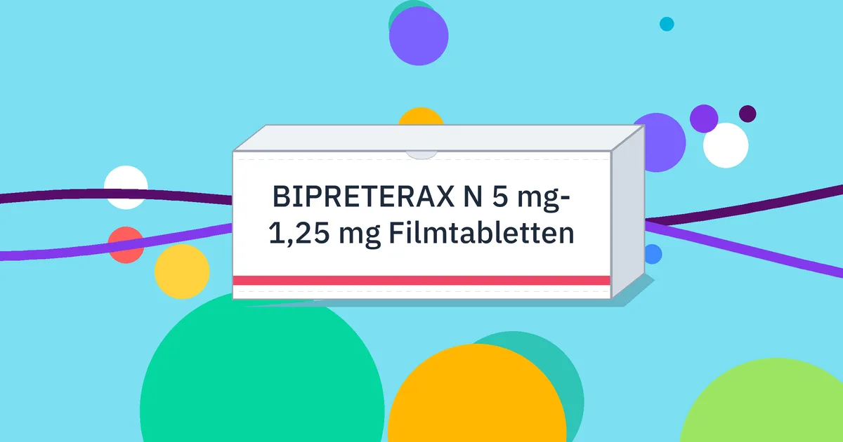 Symbolbild: Packung mit der Aufschrift BIPRETERAX N 5 mg-1,25 mg Filmtabletten (PZN 12635548) – Verfügbarkeit und Bezug in Apotheken in Frankfurt am Main